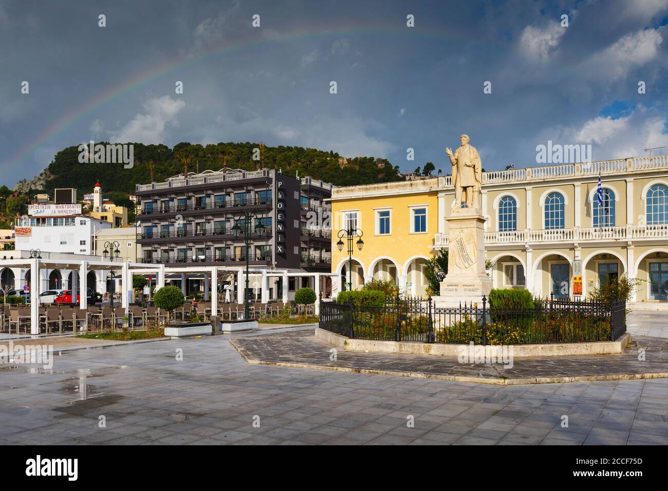 Rainbow over Solomos square in Zakynthos town, Greece Stock Photo - Alamy