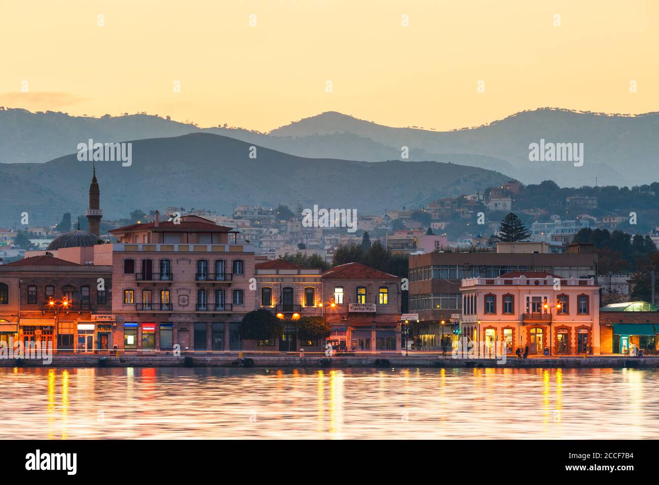 Chios town and its seafront as seen from the pier of the harbour Stock ...