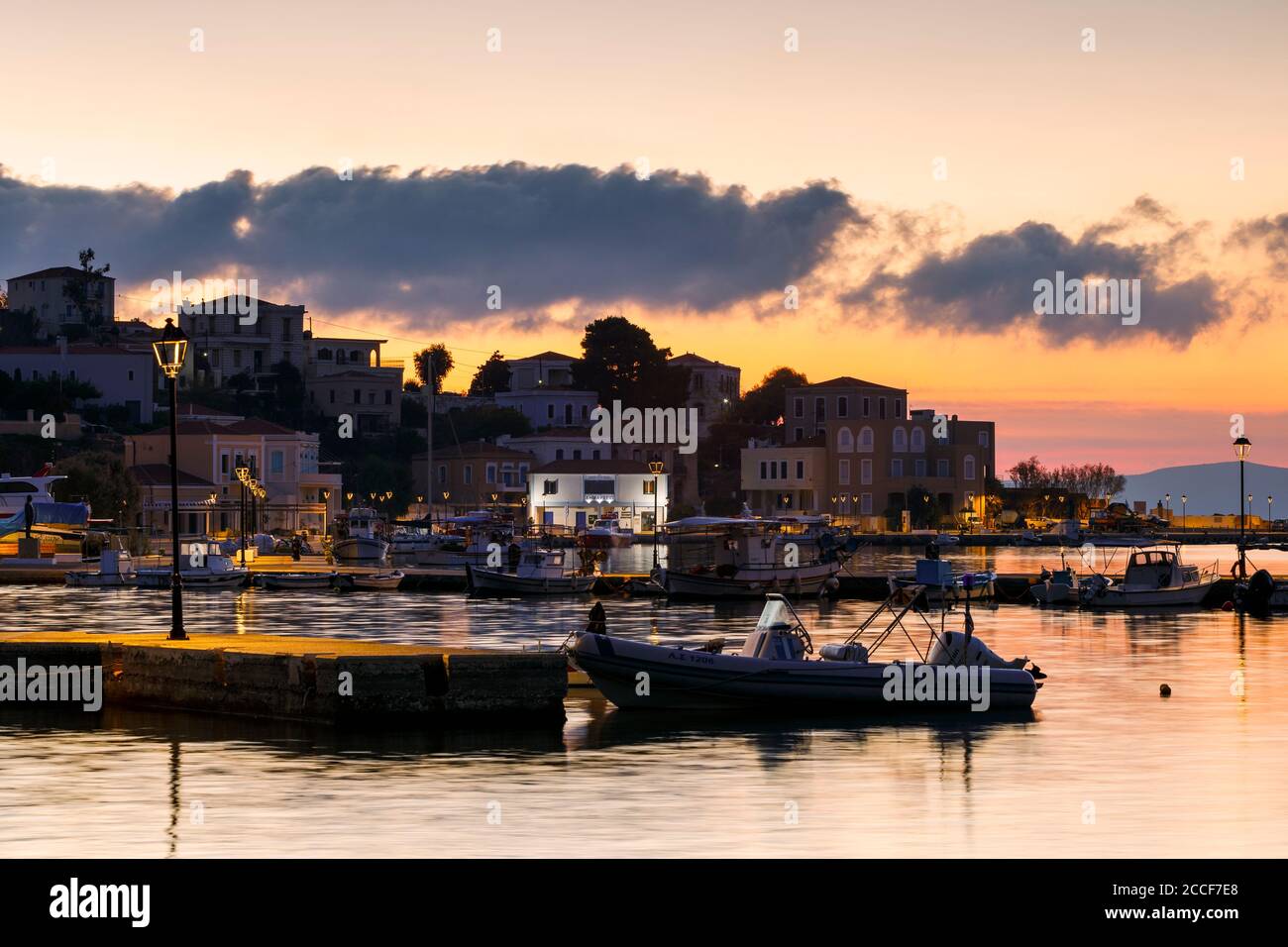 Early morning view of the harbour on Inouses island in Greece Stock ...