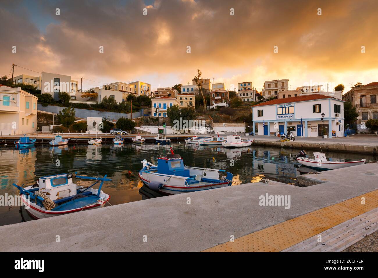 Early morning view of the harbour on Inouses island in Greece Stock ...