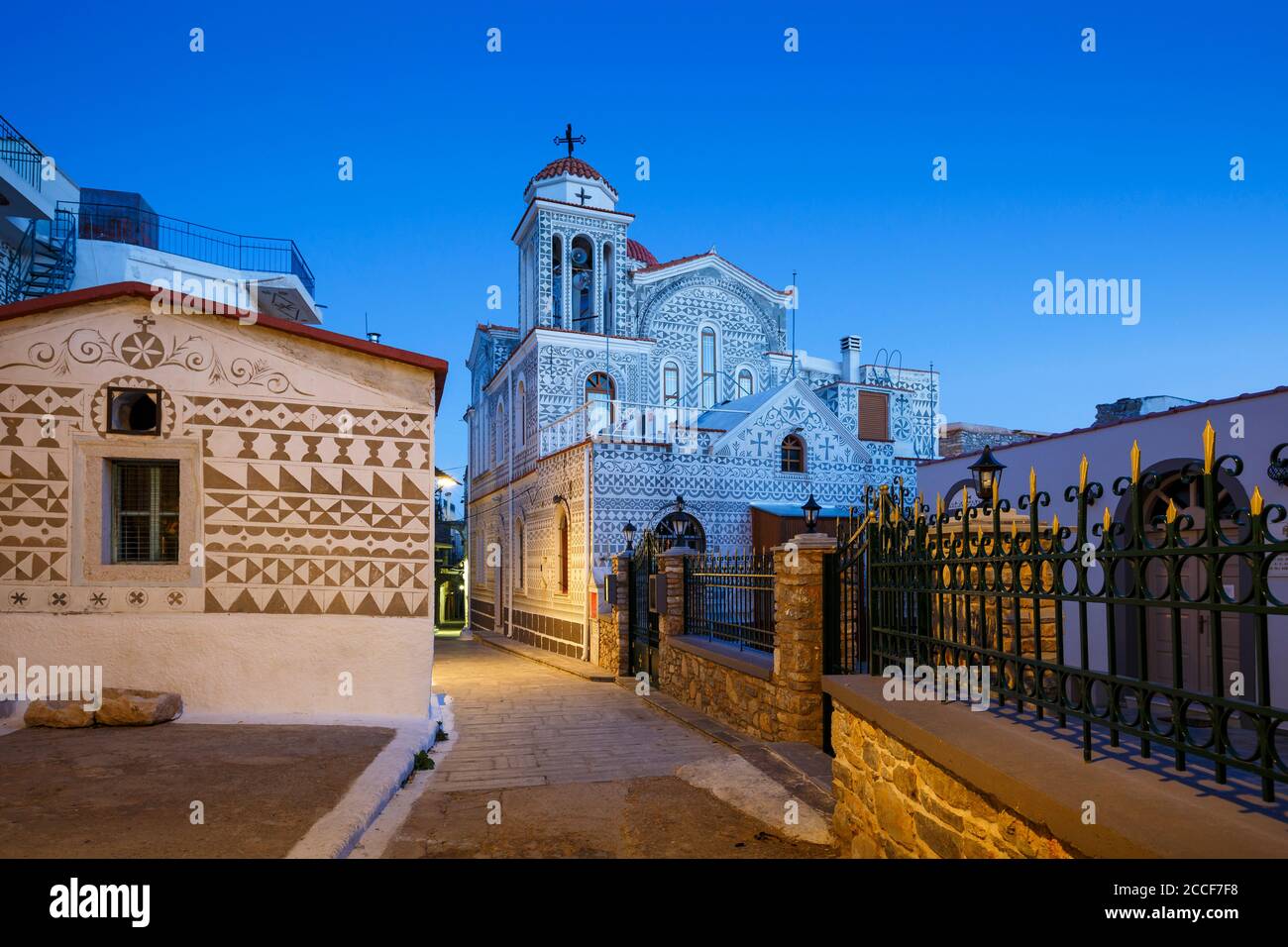 Church with traditional decoration in Pyrgi village on Chios island ...