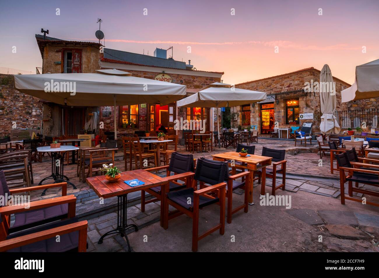 Bars and coffee shops in the central square of the old town of Chios ...