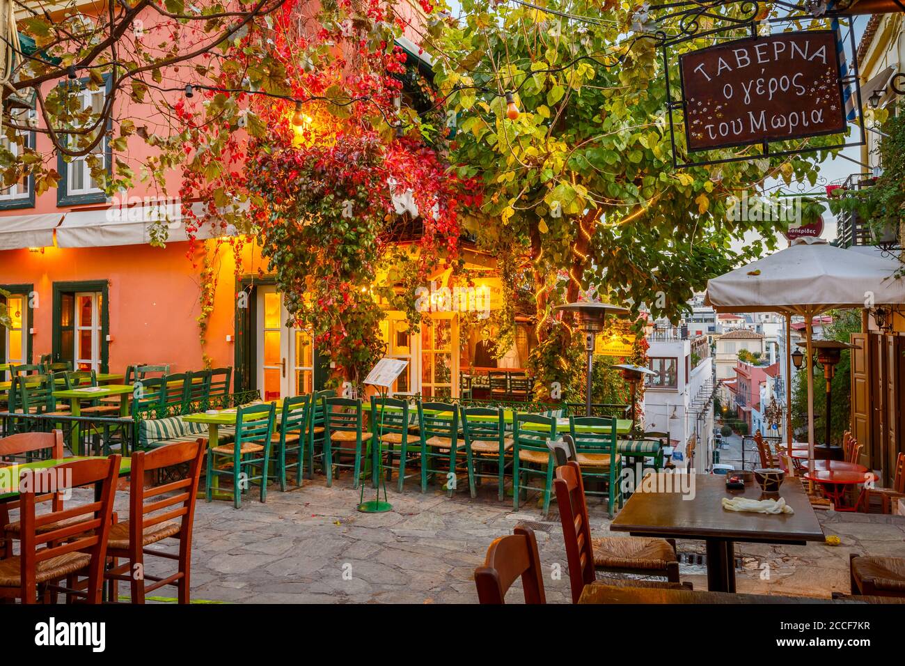 Coffee shops in streets of Plaka, the old town of Athens, Greece Stock ...