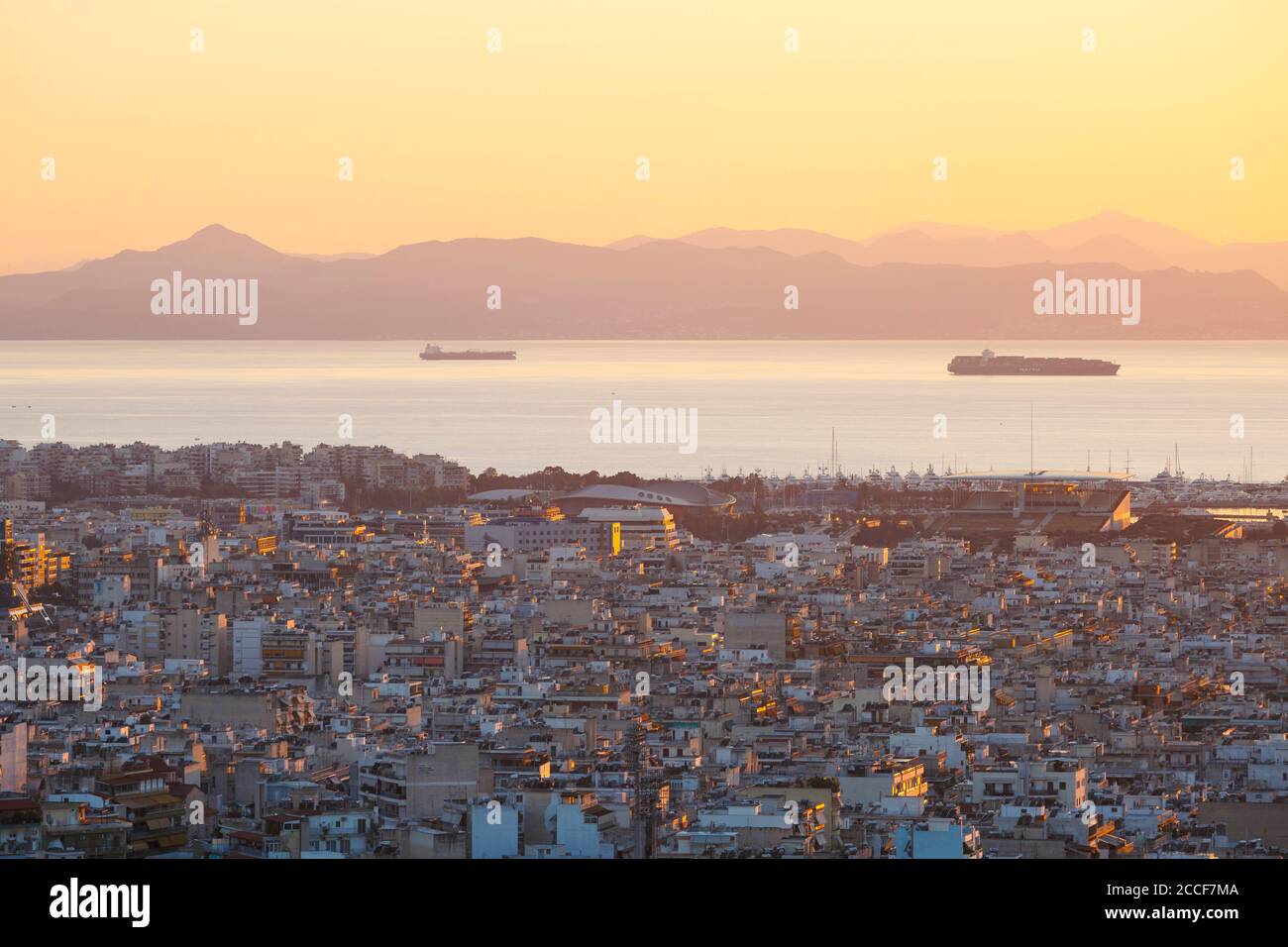 View of Athens from Filopappou hill towards Aegina island Stock Photo ...