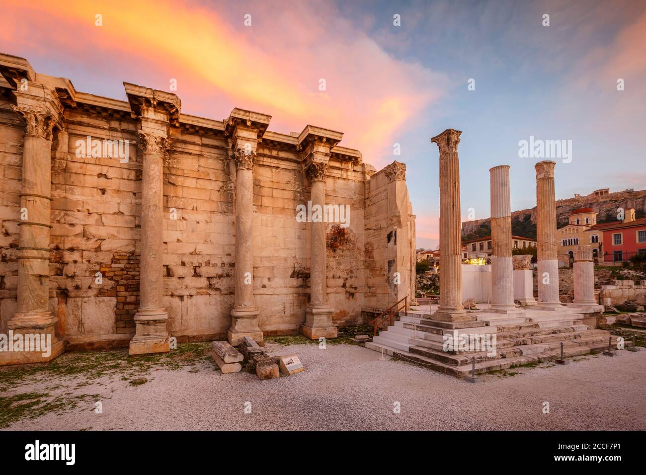 Remains of Hadrian's Library and Acropolis in the old town of Athens ...