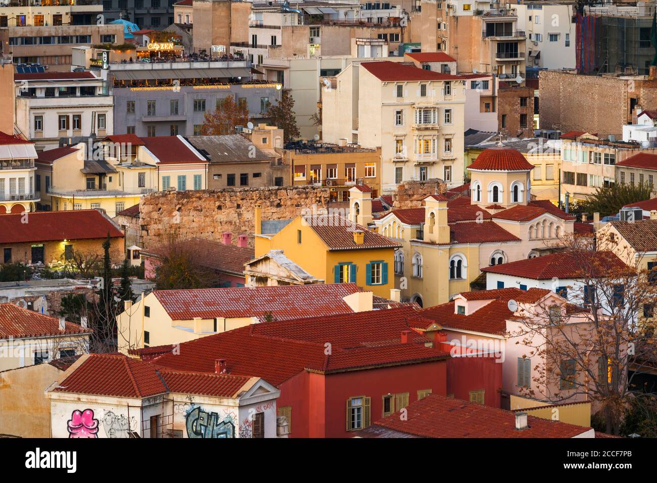Plaka, the old town of Athens as seen from the Areopagus hill, Greece ...