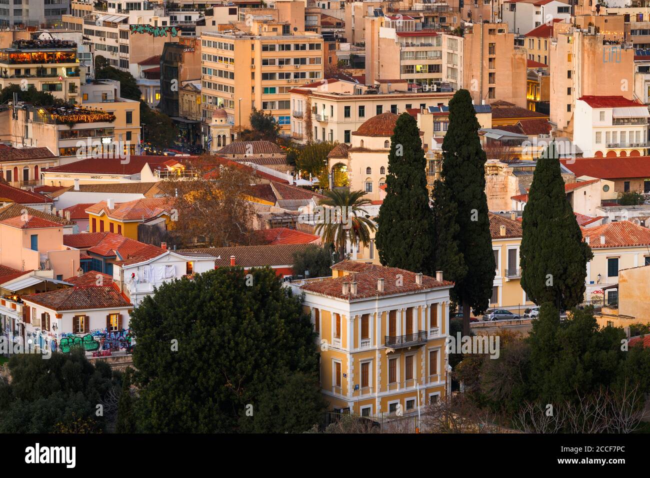 Plaka, the old town of Athens as seen from the Areopagus hill, Greece ...