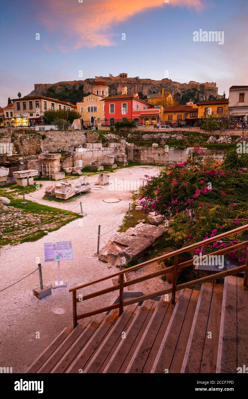 Remains of Hadrian's Library and Acropolis in the old town of Athens ...