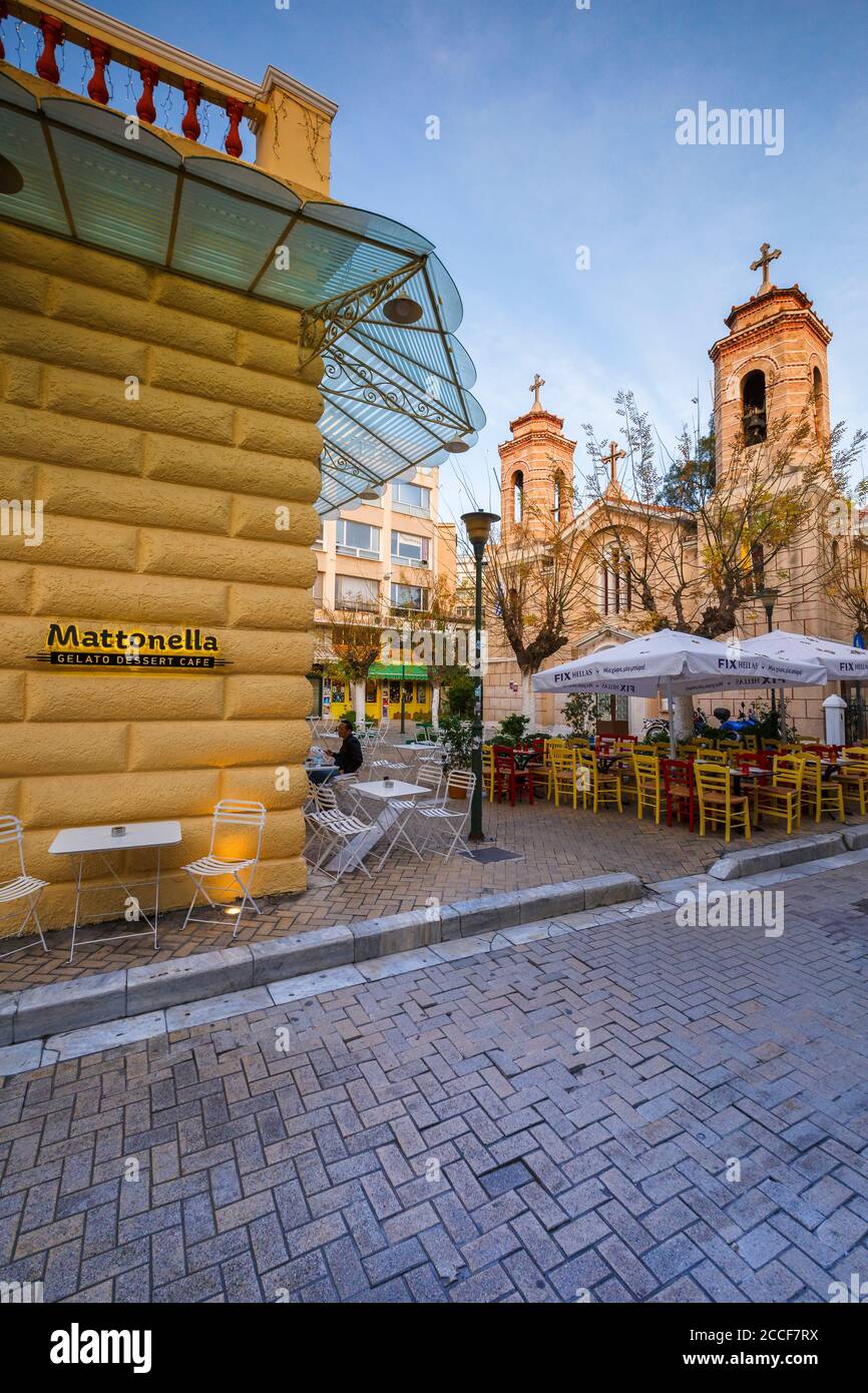 Coffee shop and a church in Psirri neighborhood of, Athens Stock Photo ...