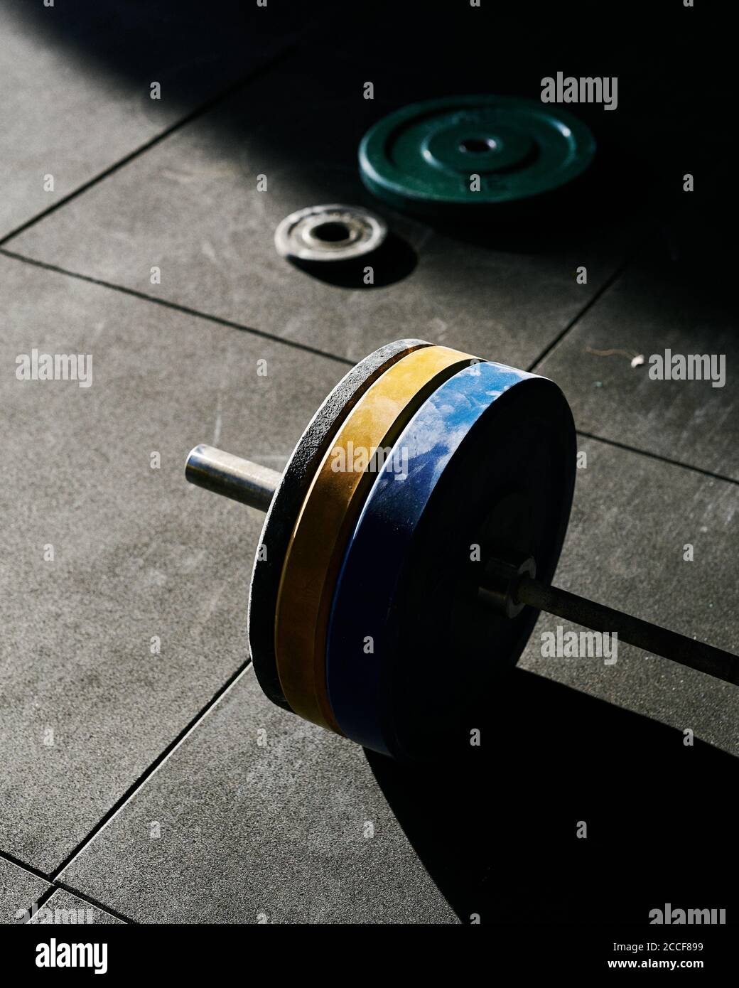 Blue, yellow and black heavy discs at indoors gym in rubber floor Stock ...