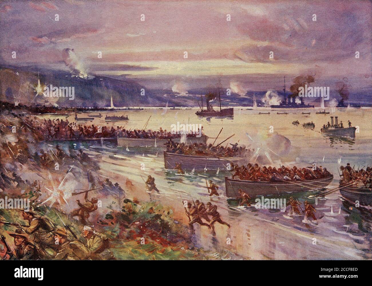 Halftone of the ANZACs landing at Gallipoli in 1915 in World War One ...