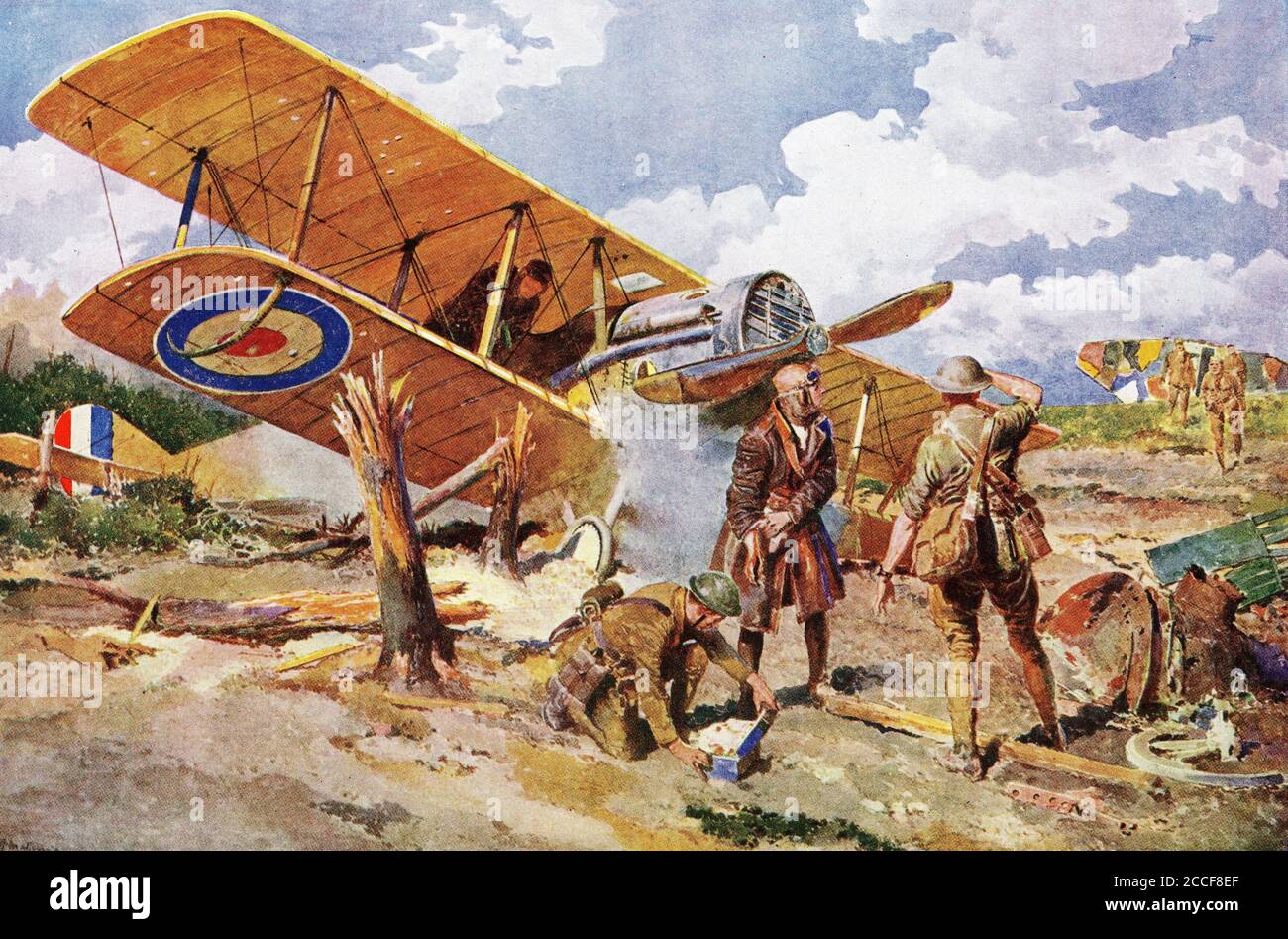 Halftone of a British biplane down for repairs near the front lines in ...