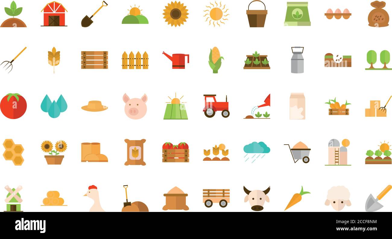 agriculture work equipment farm cartoon flat icon style vector ...