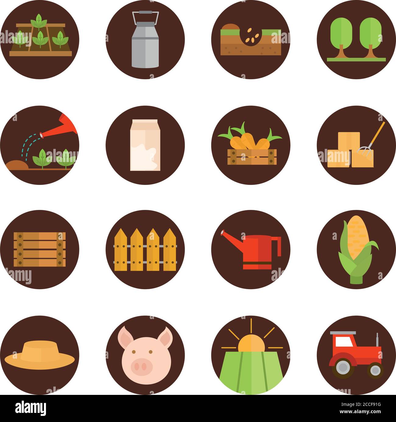 agriculture work equipment farm cartoon block and flat icons set vector ...