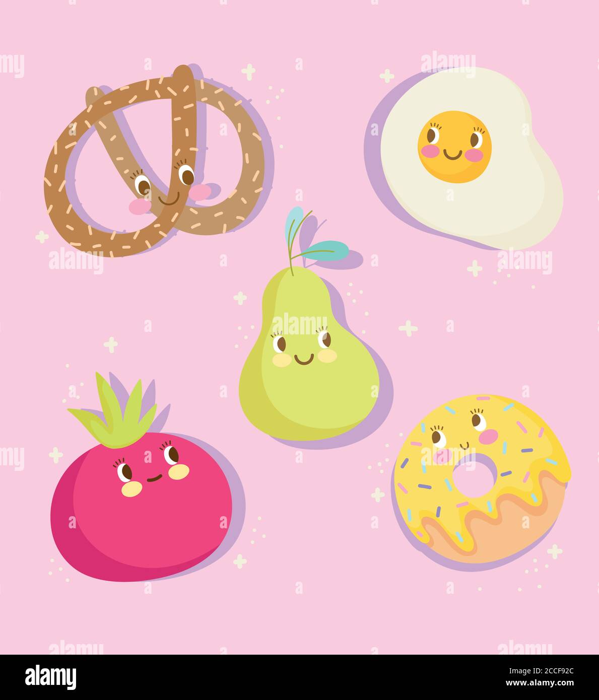 cute food nutrition cartoon character egg pear tomato donut and pretzel ...