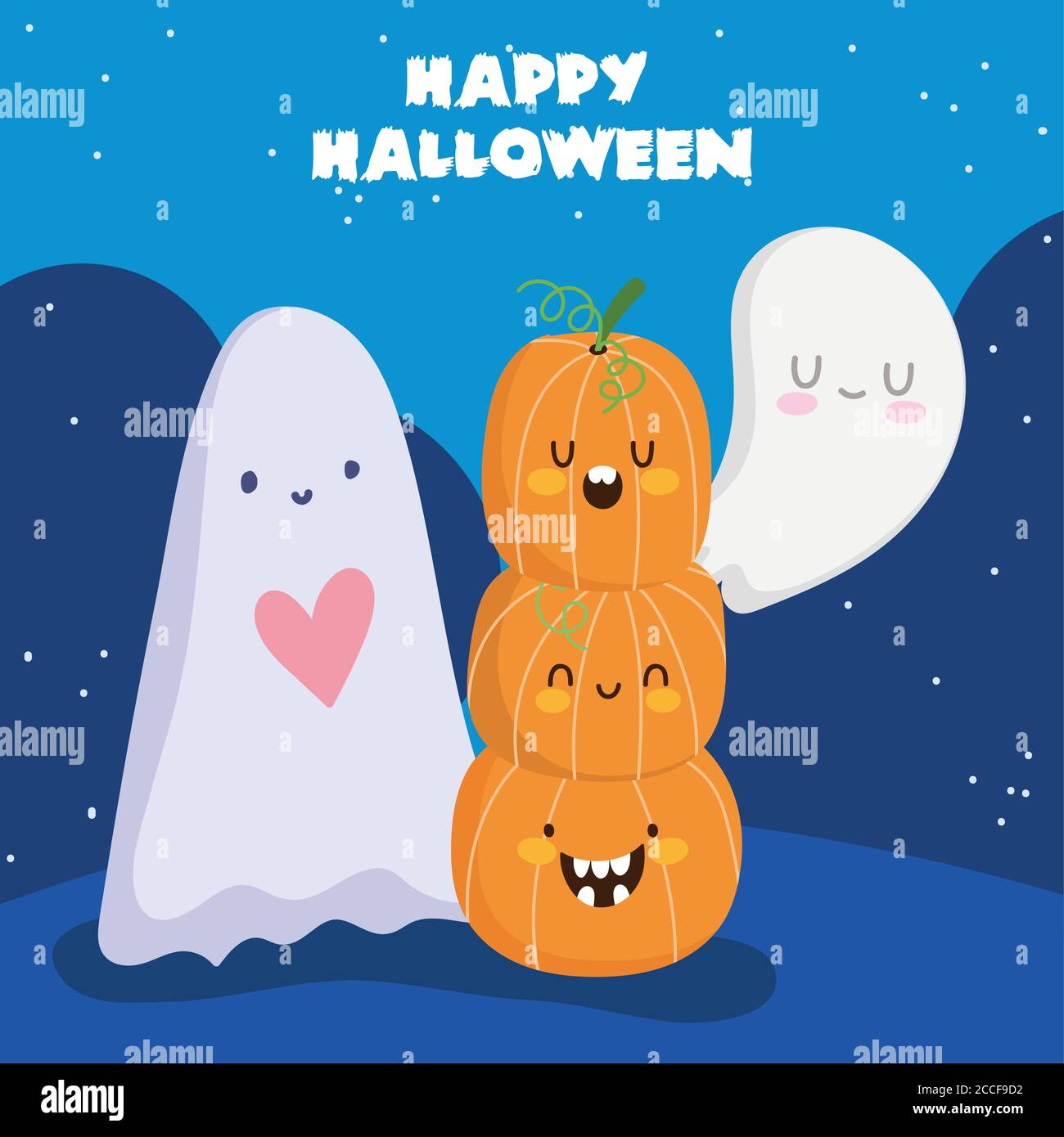 happy halloween, ghosts and stack of pumpkins trick or treat party ...