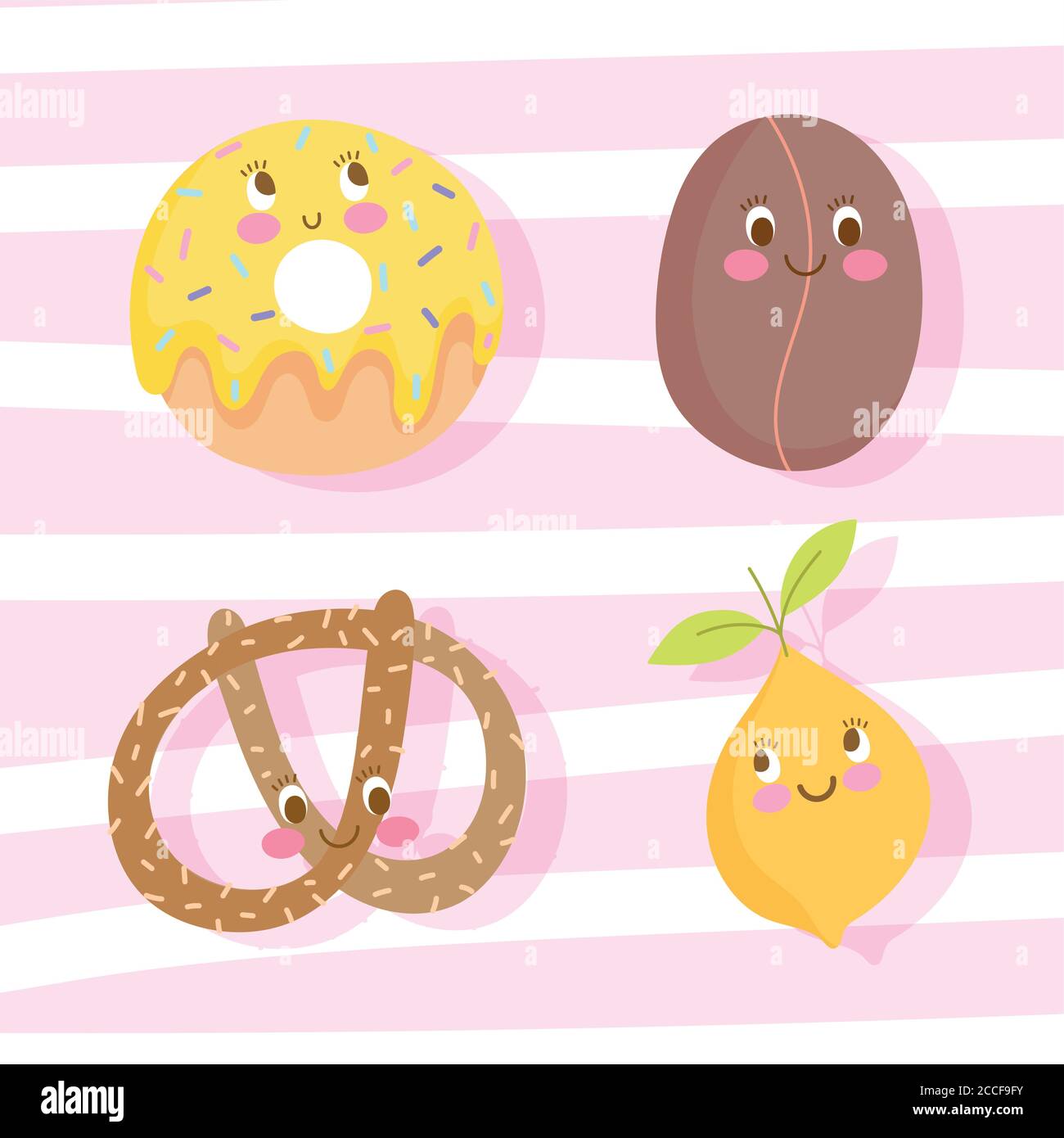 cute food nutrition cartoon character sweet donut bean coffee pretzel ...