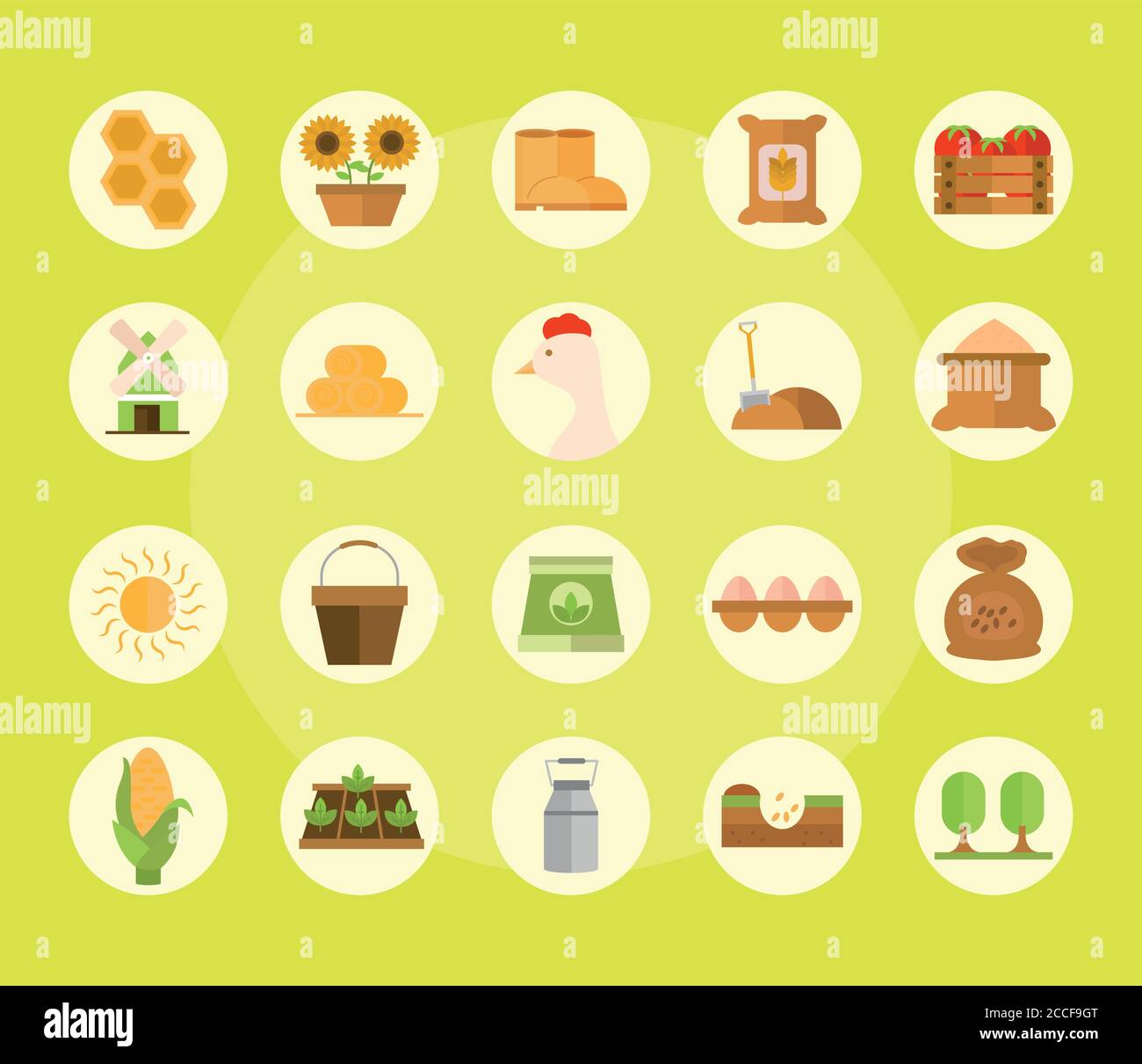agriculture work equipment farm cartoon block and flat icons set vector ...