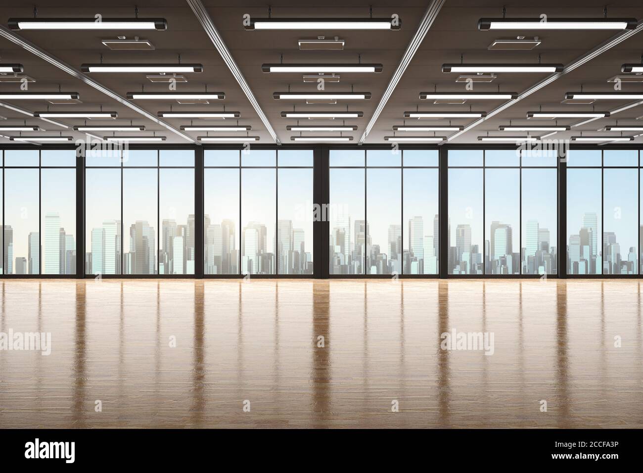 3d rendering empty office space with glass windows Stock Photo - Alamy