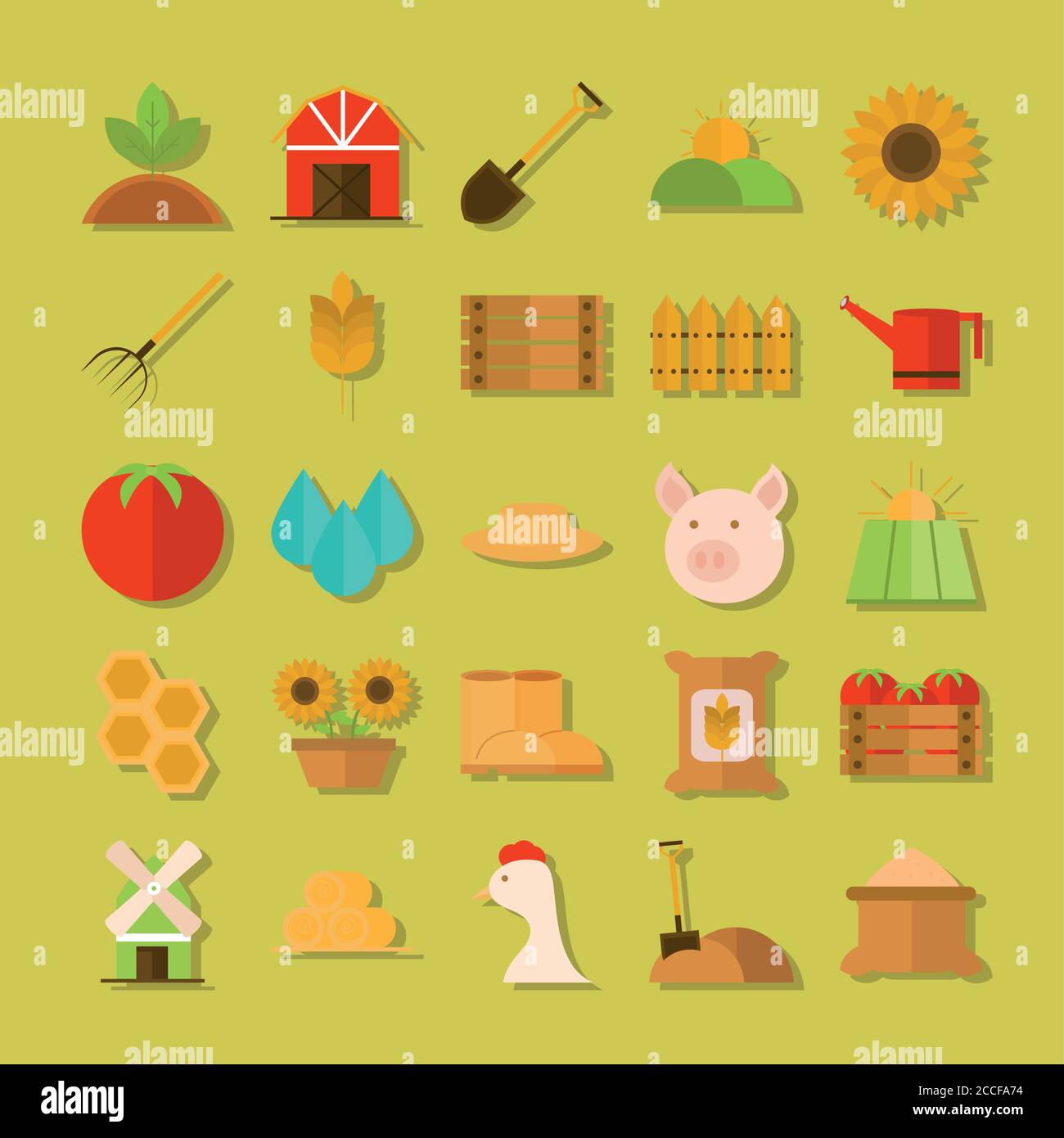 agriculture work equipment farm cartoon flat icon style vector ...