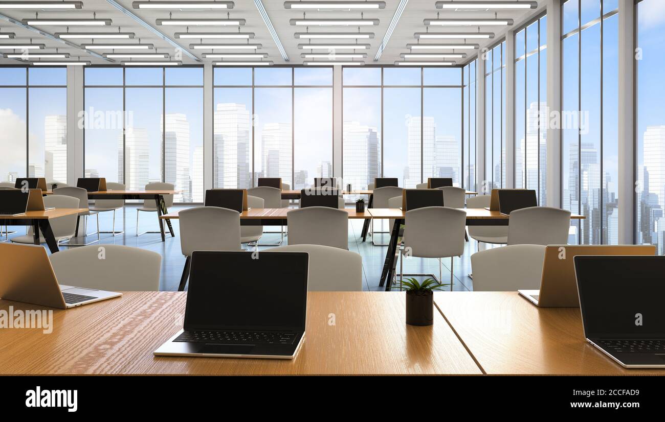 3d rendering empty office space or workspace with computer notebook Stock Photo - Alamy