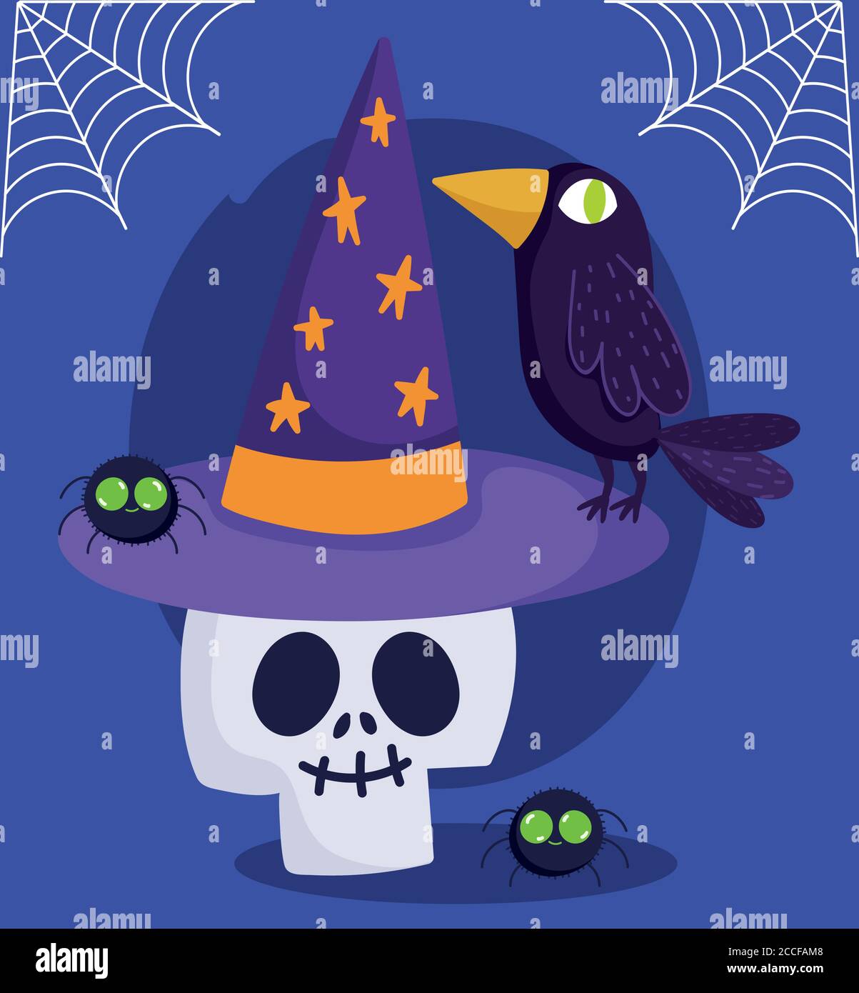 happy halloween, skull with hat raven and spiders trick or treat party ...