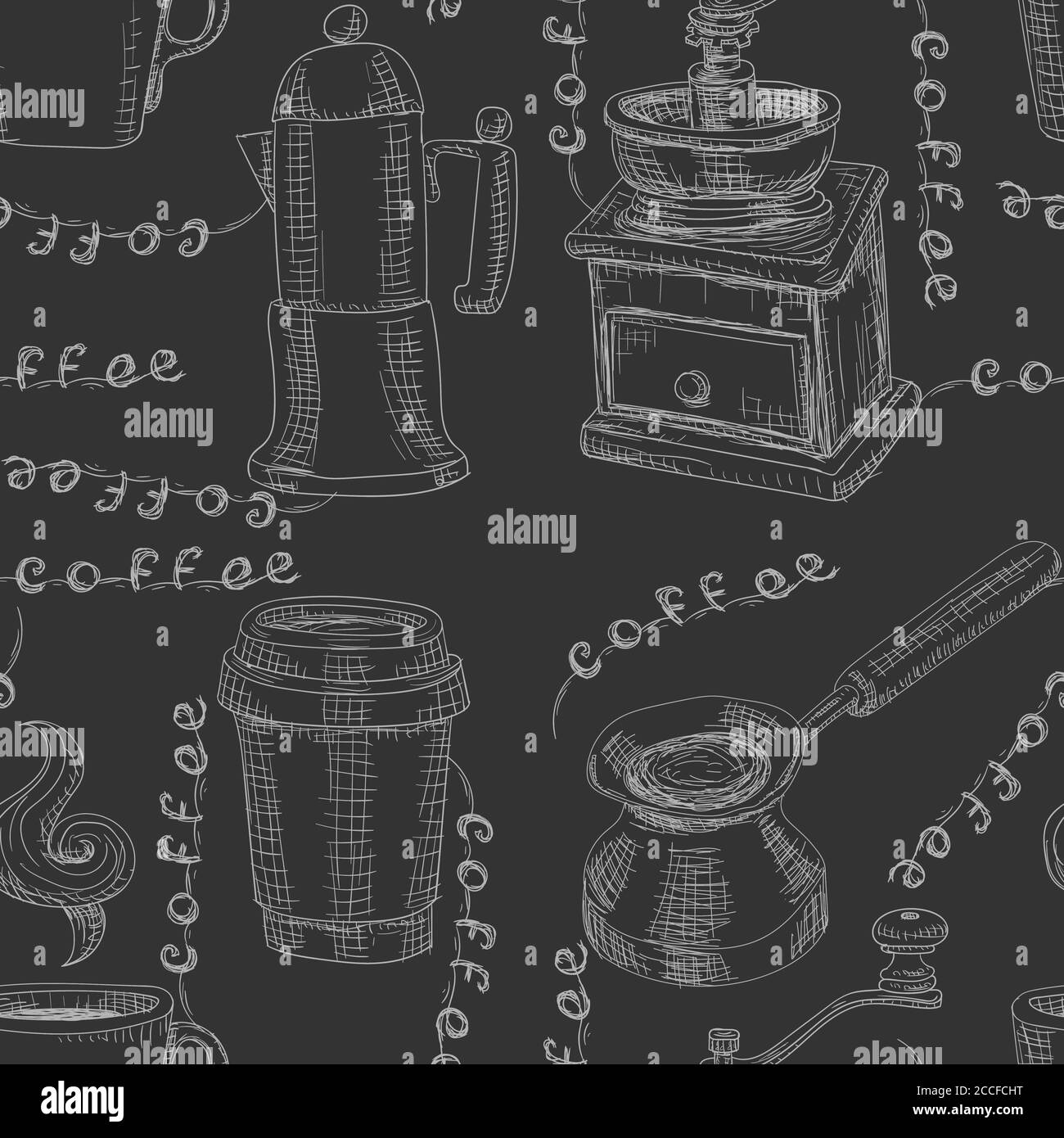 Seamless coffee pattern drawn in chalk coffee grinder coffee Cup on black background. Vector ...