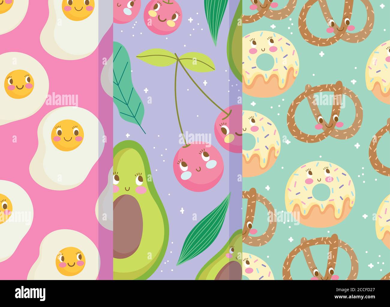 cute food pattern design, fruit bakery sweet and fried eggs banners ...