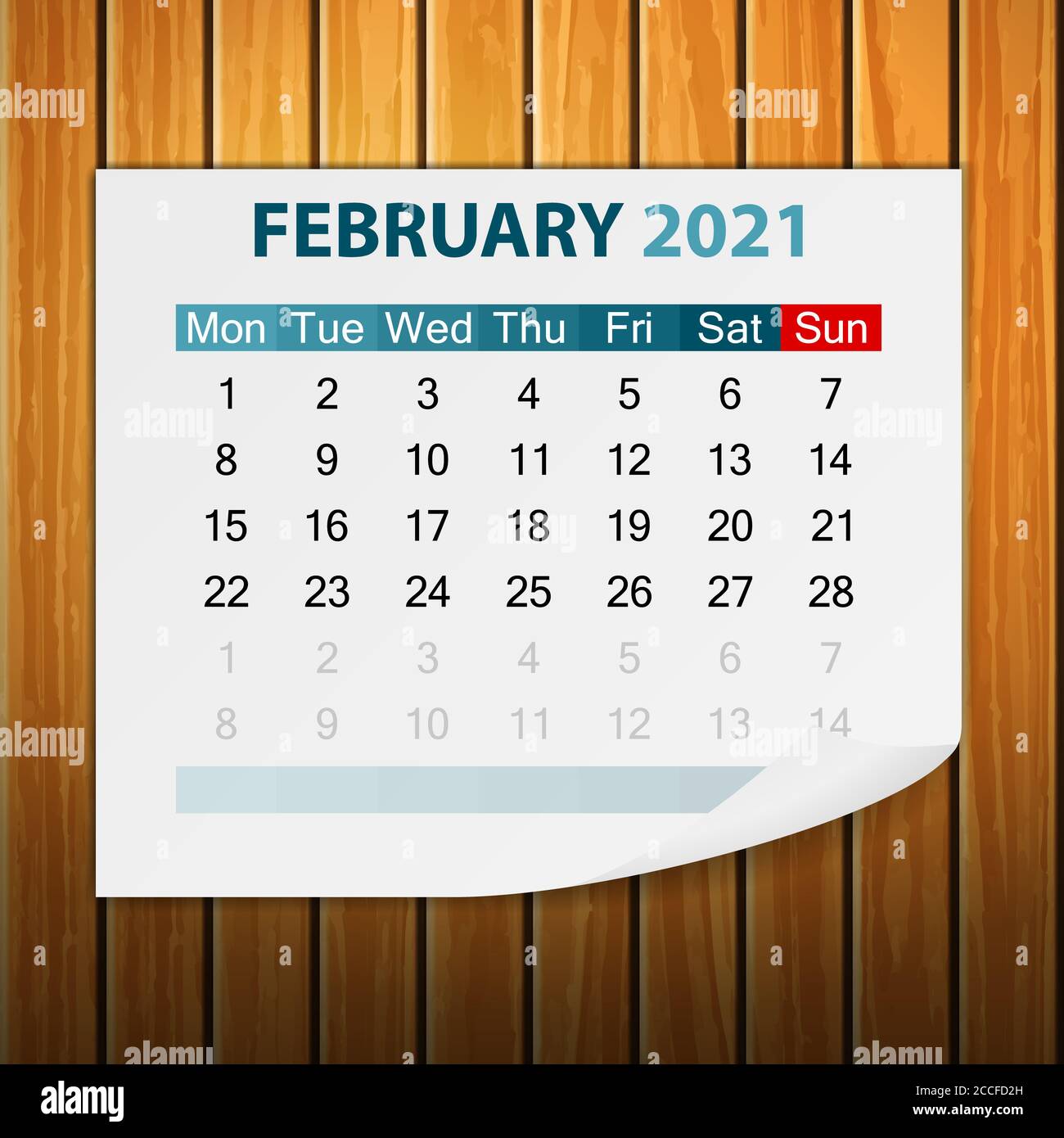 Calendar February 2021 on wood background. Vector illustration Stock ...