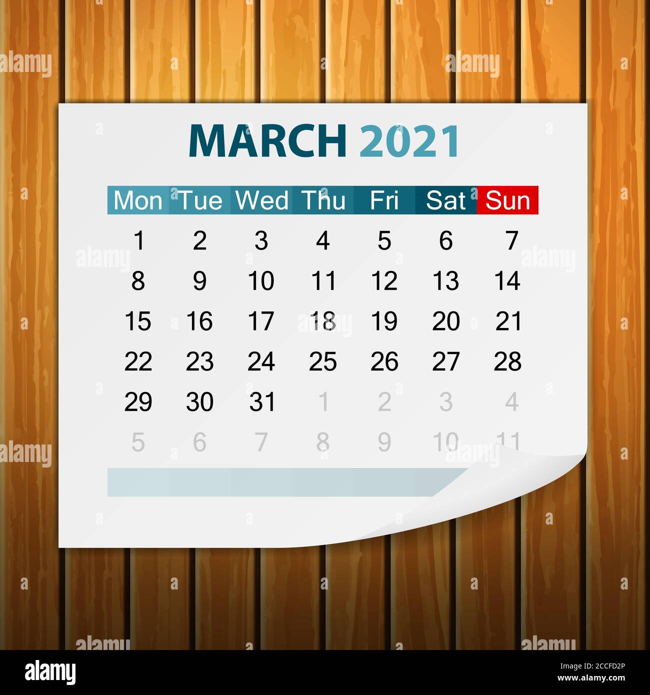 Calendar March 2021 on wood background. Vector illustration Stock Photo ...