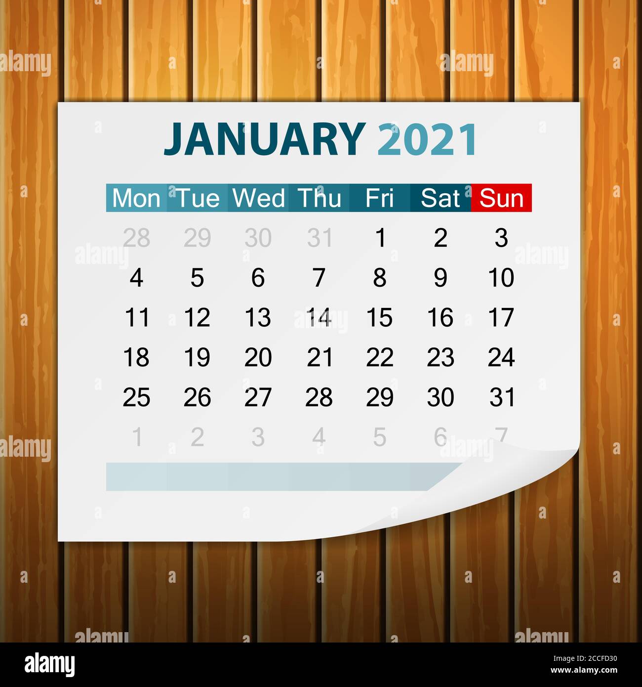 Calendar January 2021 on wood background. Vector illustration Stock ...
