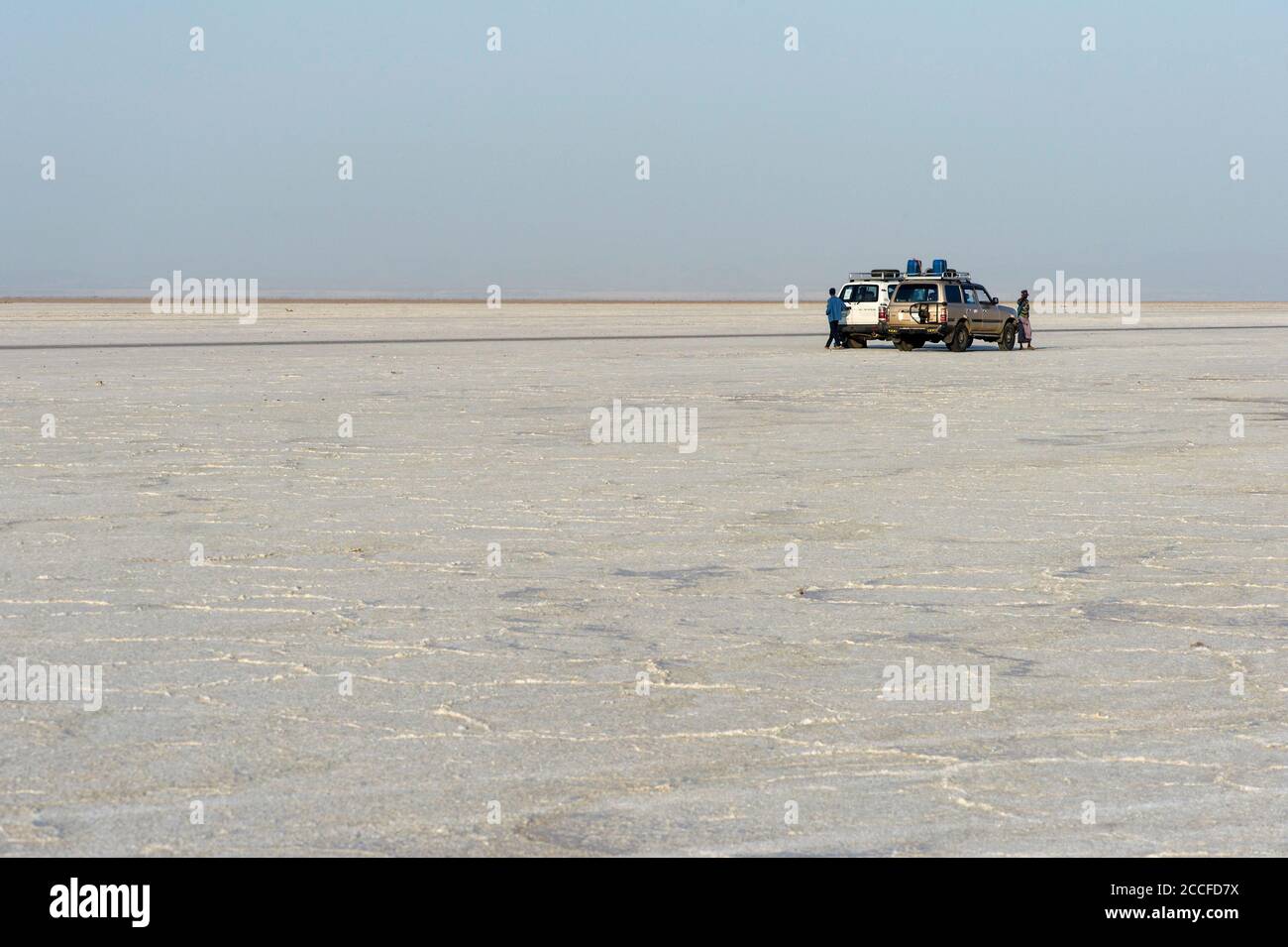 Four-wheel drive vehicles stand on the salt crust of the Assale Salt ...