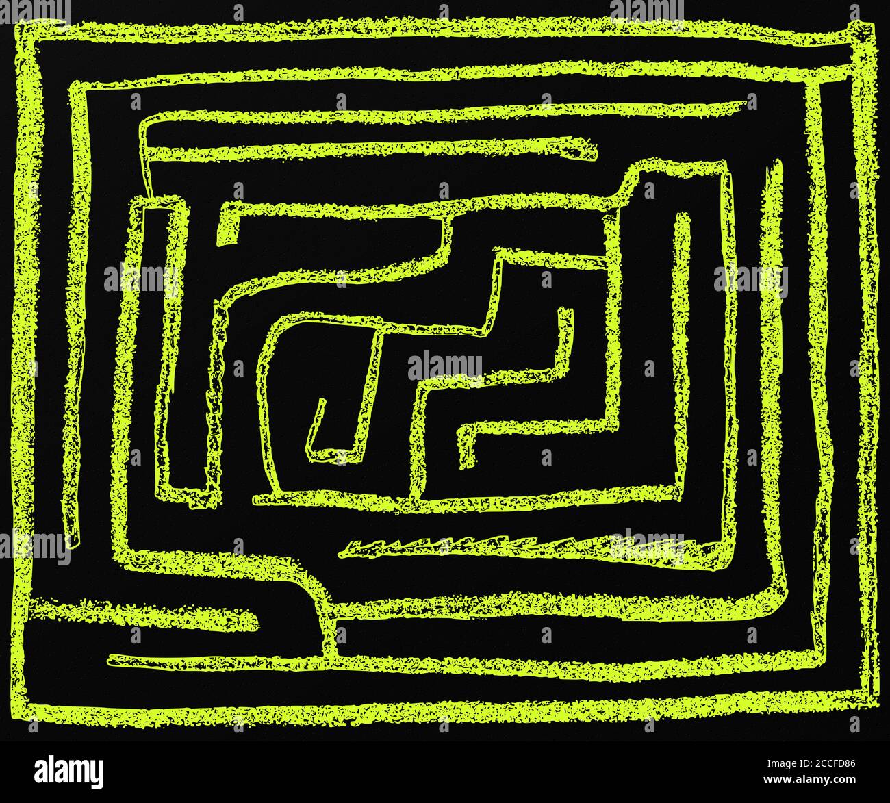 Playable maze in crayon style fluorescent green on black (number 9 ...