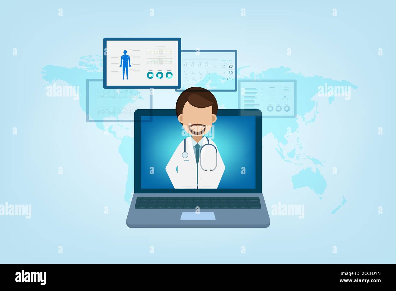 Online doctor service with doctor on computer notebook flat design ...