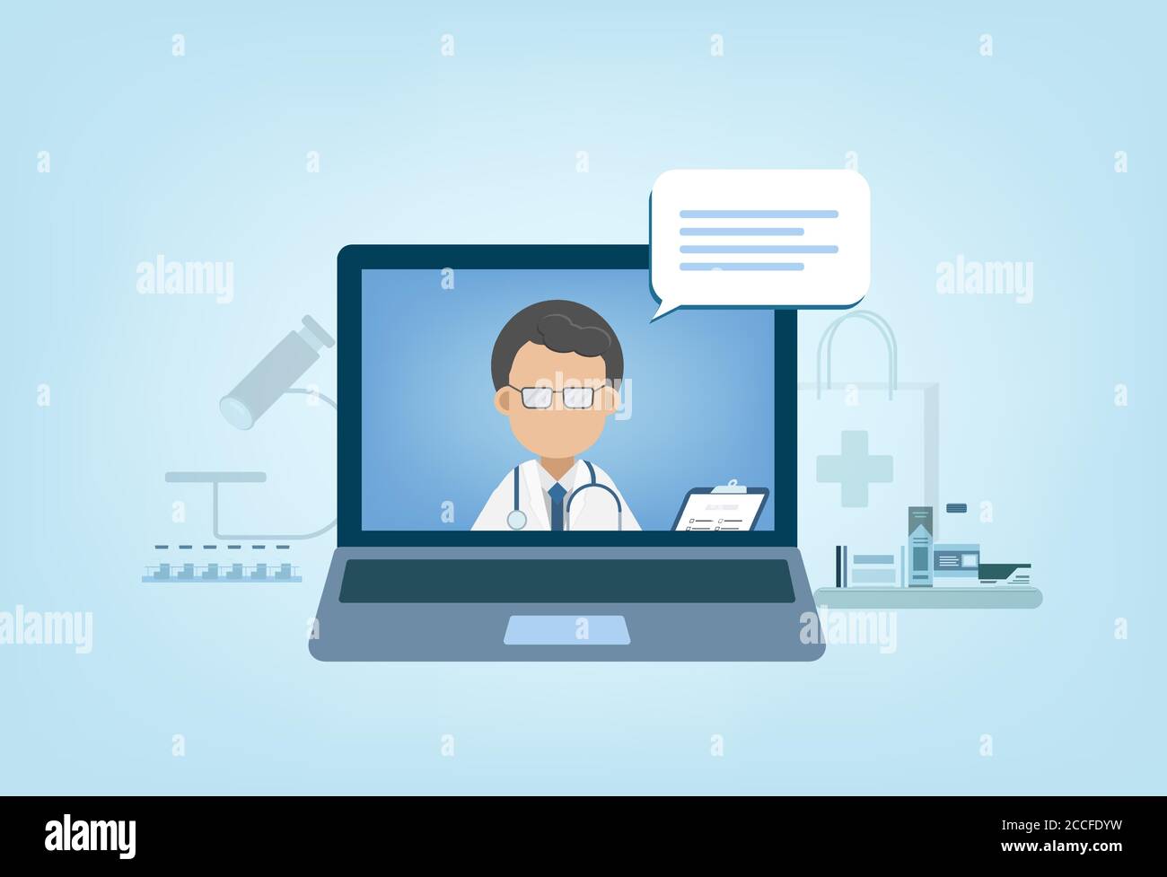 Online doctor service with doctor on computer notebook flat design ...