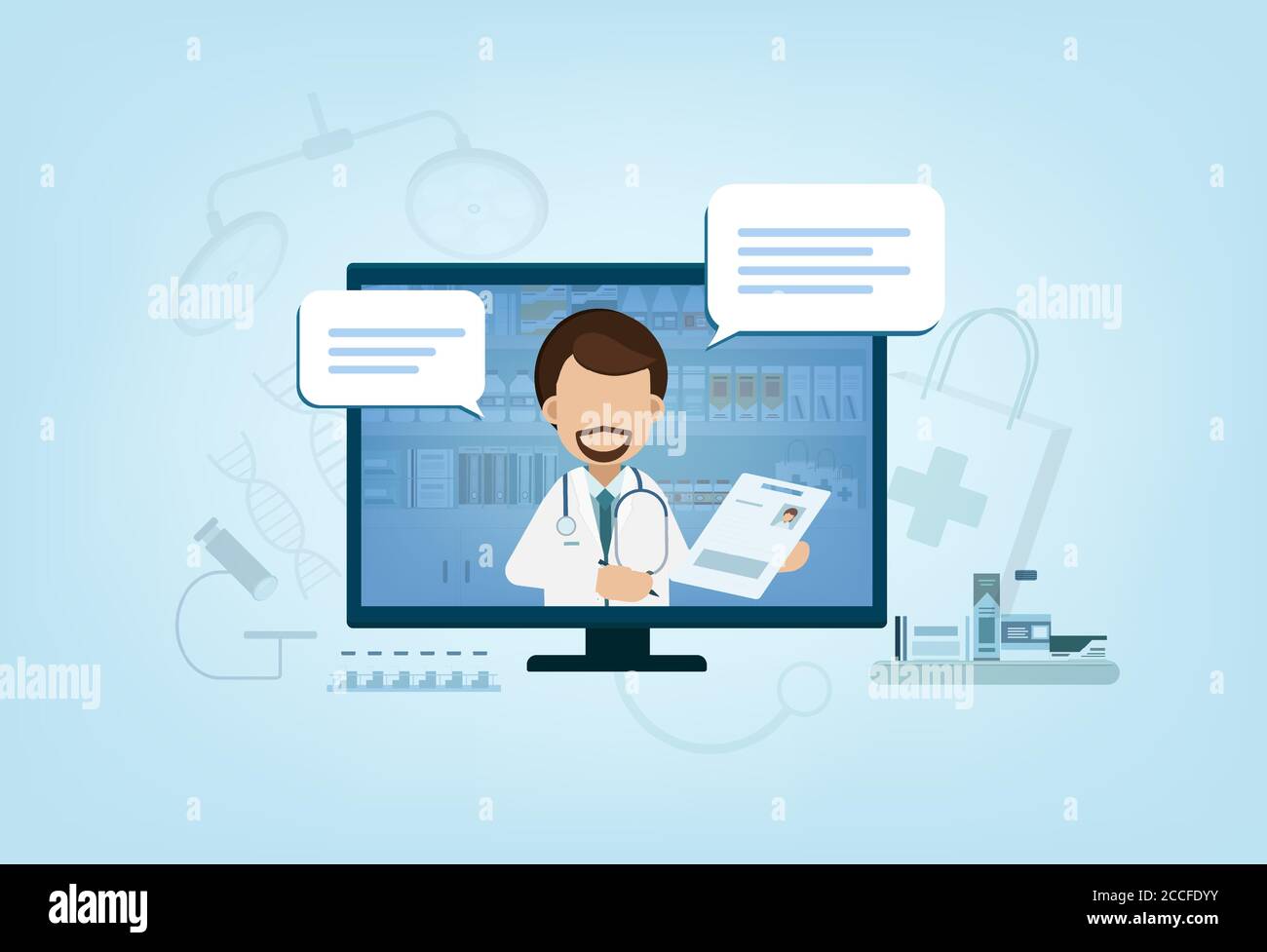 Online doctor service with doctor on computer monitor flat design ...