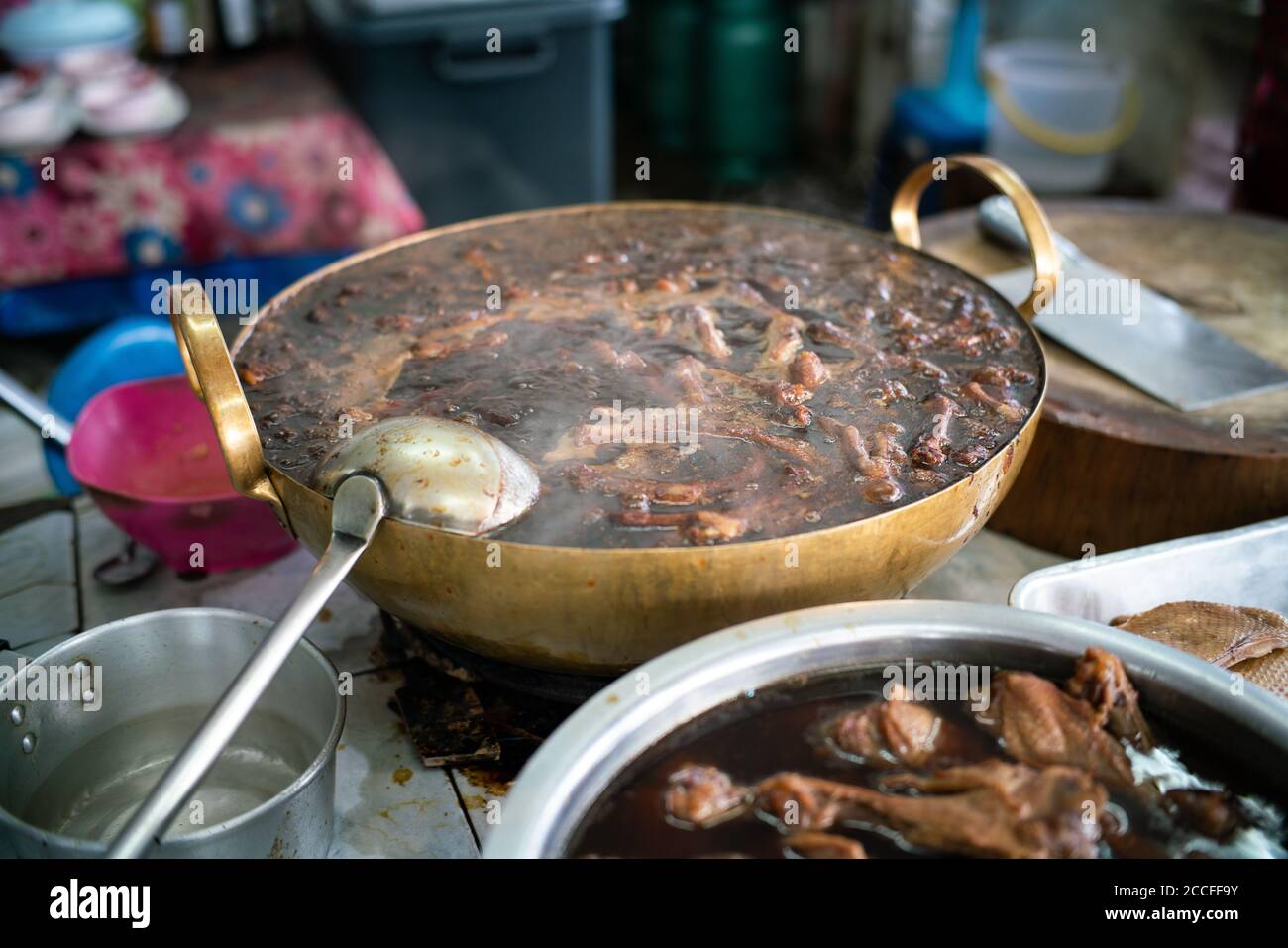 Chinese stewed duck in pot with various duck sauce street food of ...
