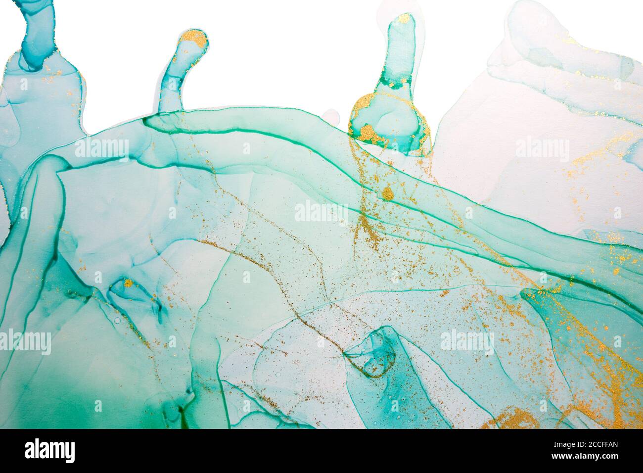Alcohol ink blue and green transparent stains on white background Stock ...