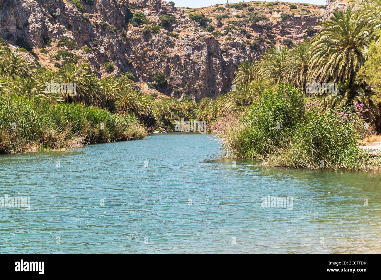 View into estuary of Preveli palm beach in summer, central Crete ...