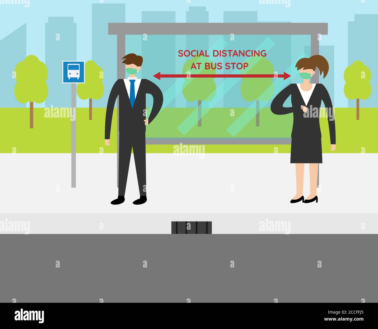 Illustration vector design of social distancing at bus stop. Male and ...