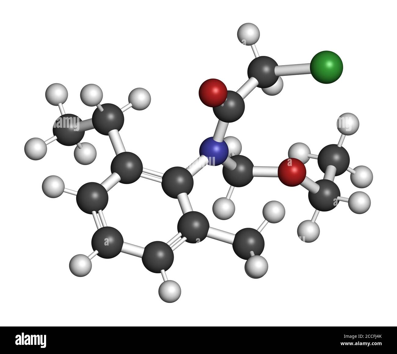 Acetochlor herbicide molecule. 3D rendering. Atoms are represented as ...