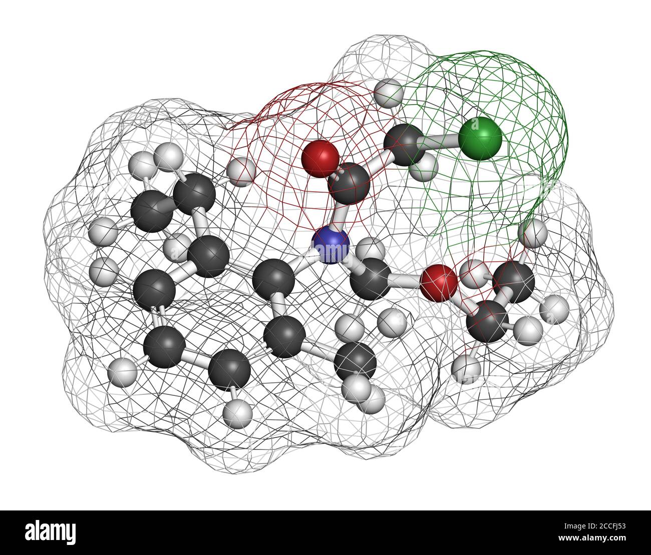 Acetochlor herbicide molecule. 3D rendering. Atoms are represented as ...