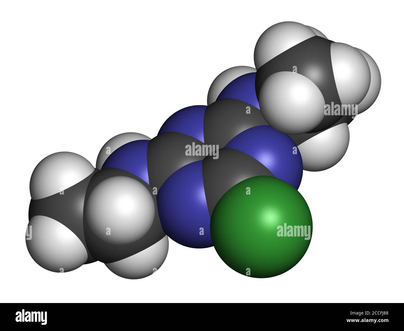 Atrazine broadleaf herbicide molecule. 3D rendering. Atoms are ...