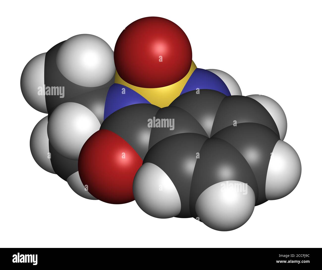Bentazon herbicide molecule. 3D rendering. Atoms are represented as ...