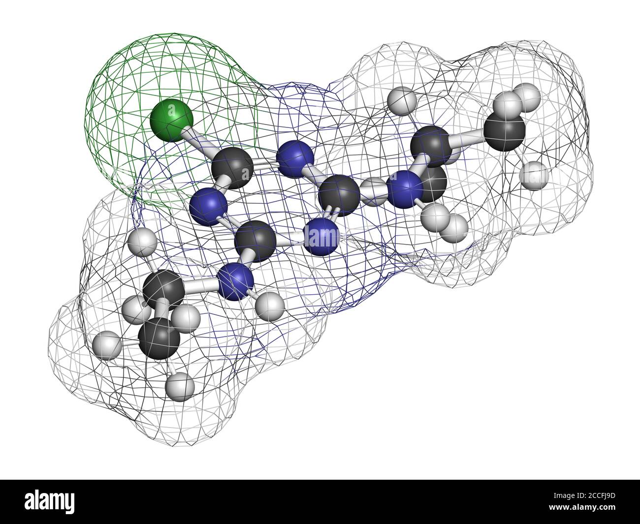 Atrazine broadleaf herbicide molecule. 3D rendering. Atoms are ...