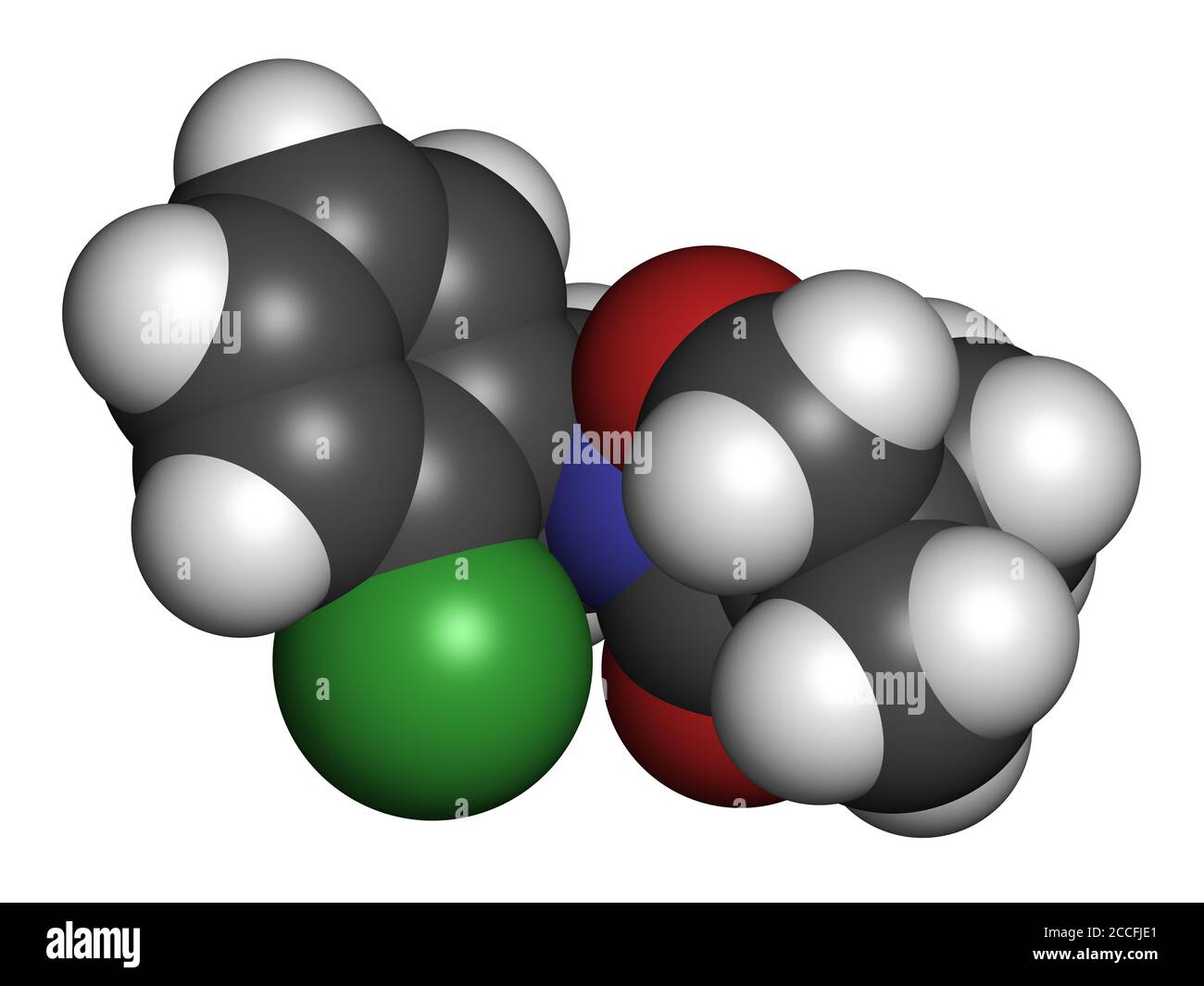 Clomazone herbicide molecule. 3D rendering. Atoms are represented as ...
