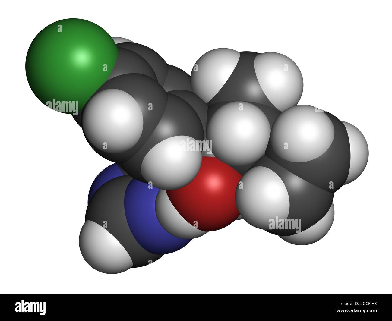 Cyproconazole fungicide molecule. 3D rendering. Atoms are represented ...