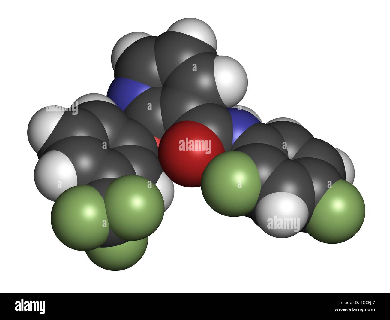 Diflufenican herbicide molecule. 3D rendering. Atoms are represented as ...