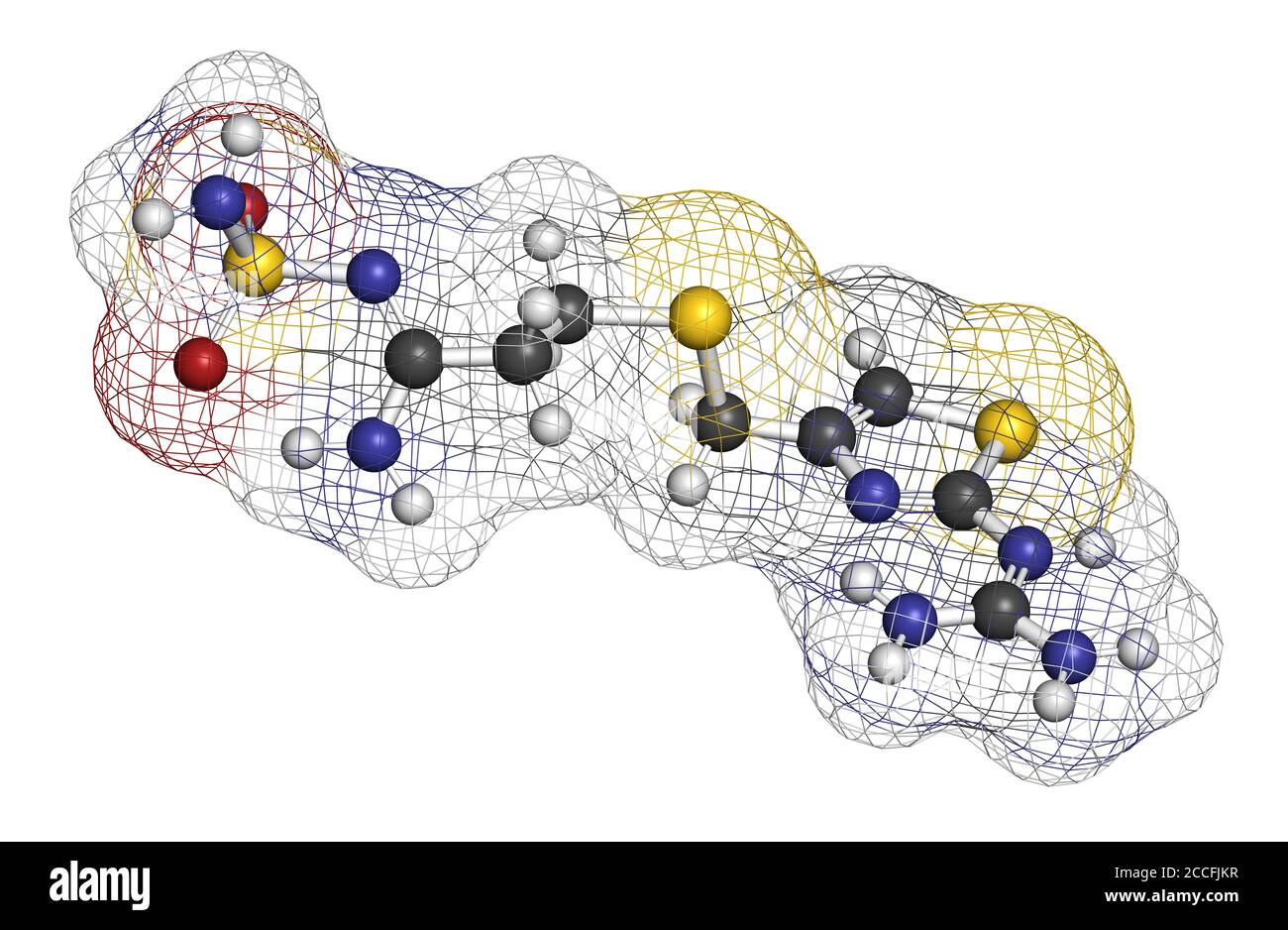 Famotidine drug molecule. 3D rendering. Atoms are represented as ...
