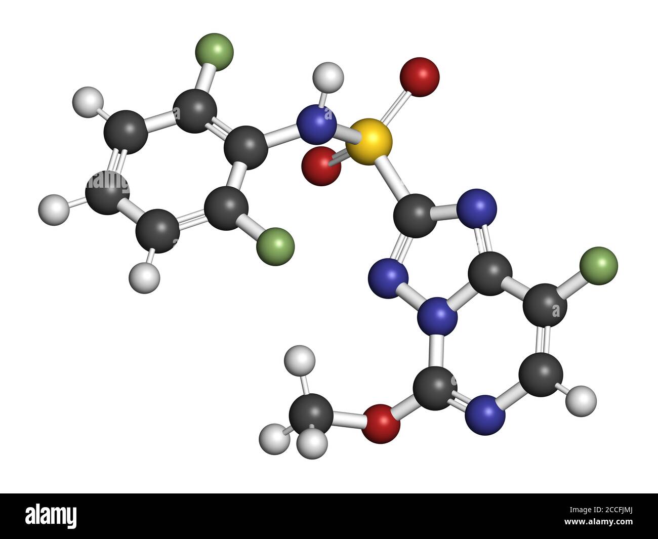 Florasulam herbicide molecule. 3D rendering. Atoms are represented as ...